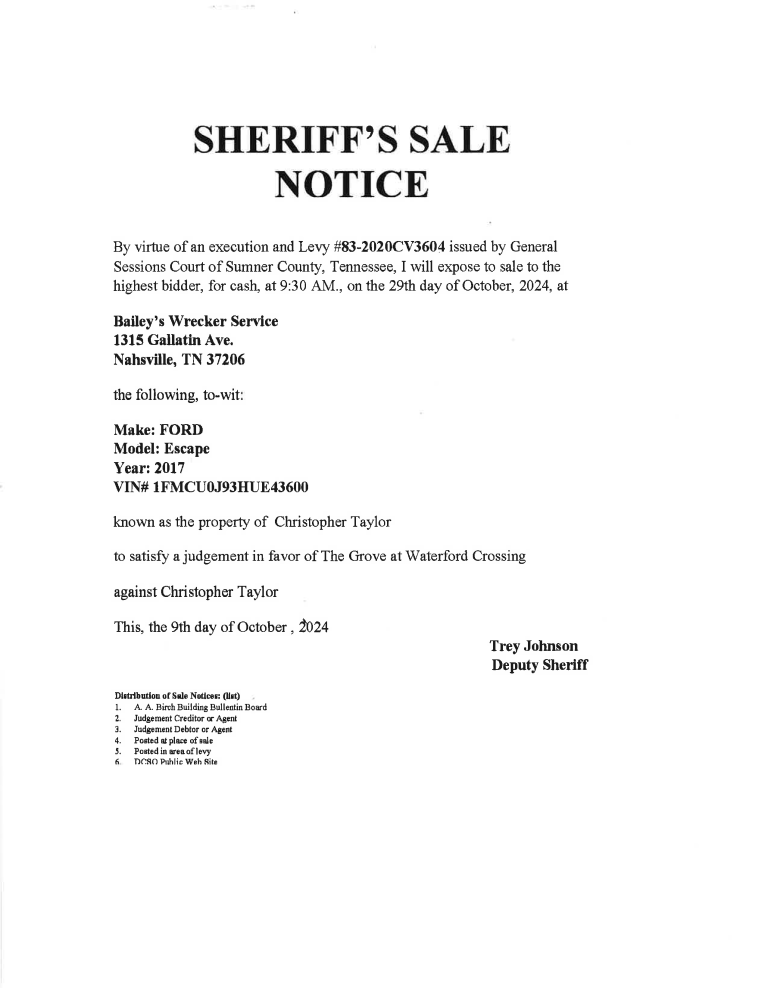 Sheriff’s Sales – Davidson County Sheriff – Nashville Tennessee