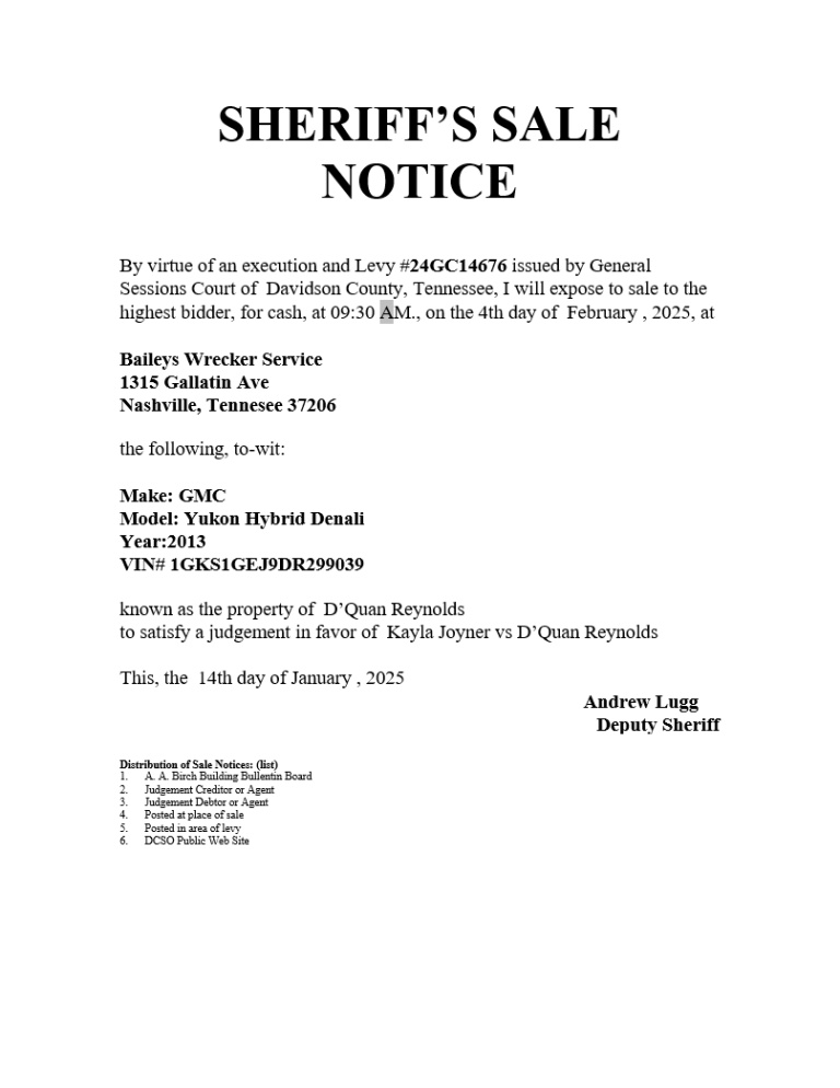 Sheriff Sale – February 4, 2025 – Davidson County Sheriff – Nashville ...