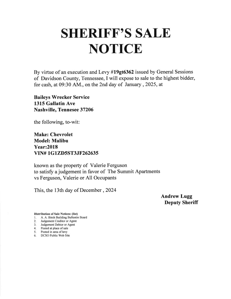 Sheriff’s Sales – Davidson County Sheriff – Nashville Tennessee